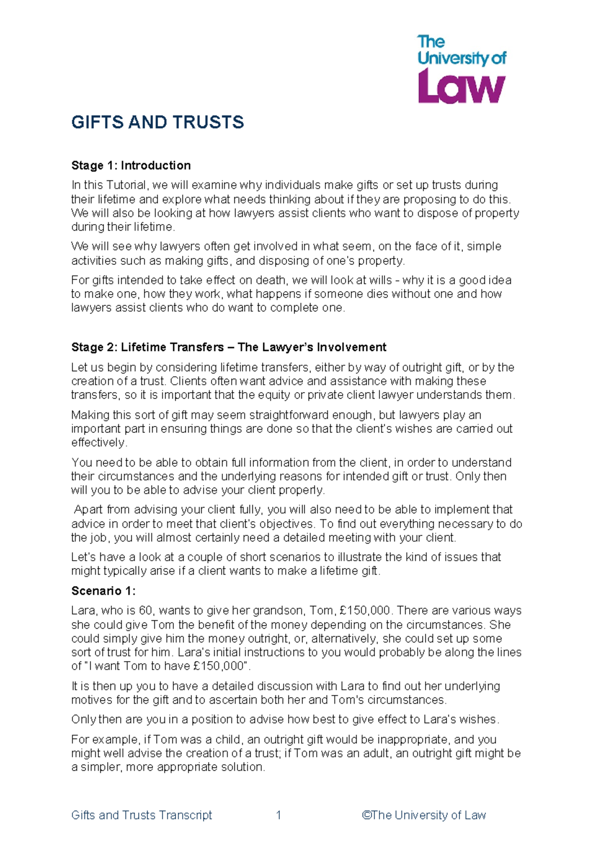 Transcript Gifts and Trusts - GIFTS AND TRUSTS Stage 1: Introduction In ...
