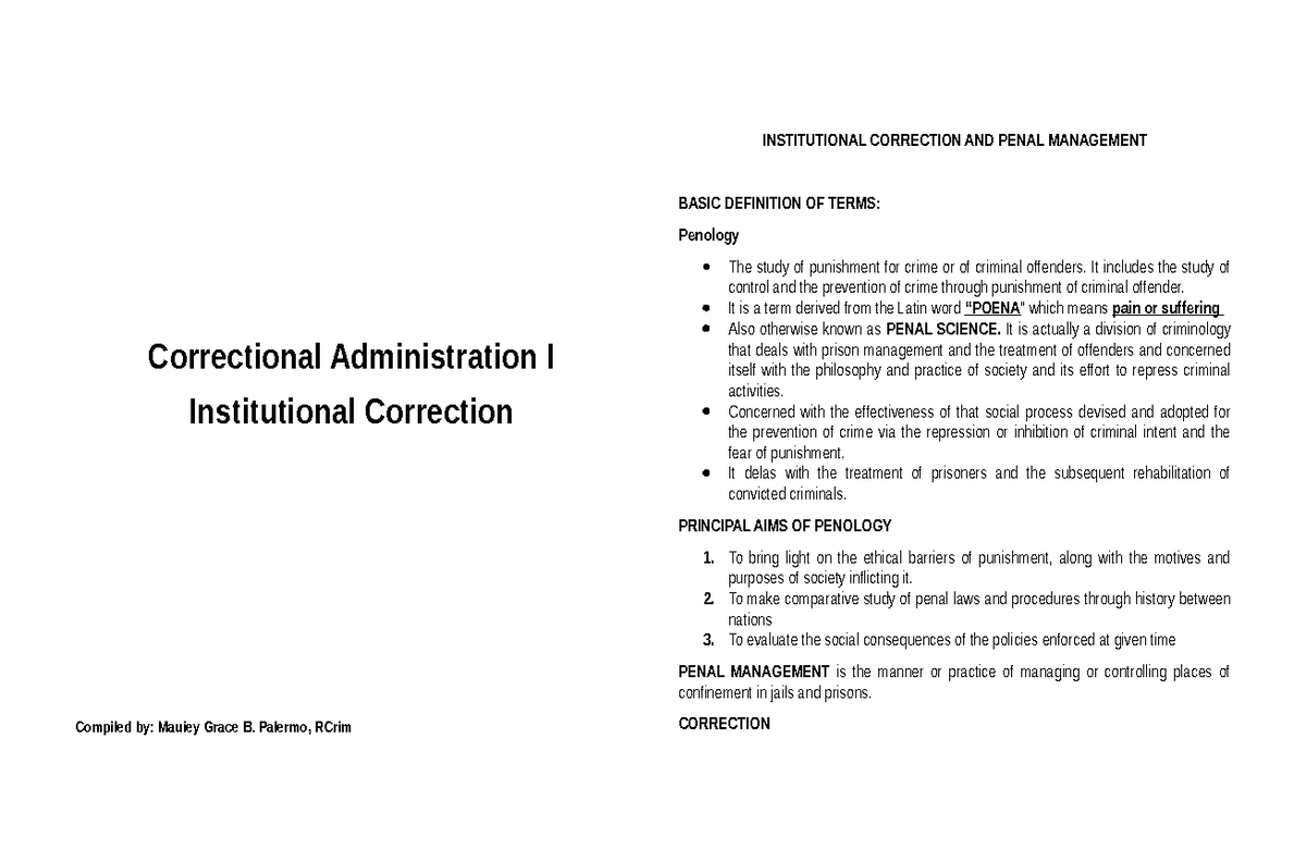 RCrim 101: Institutional Correction and Penal Management Overview - Studocu