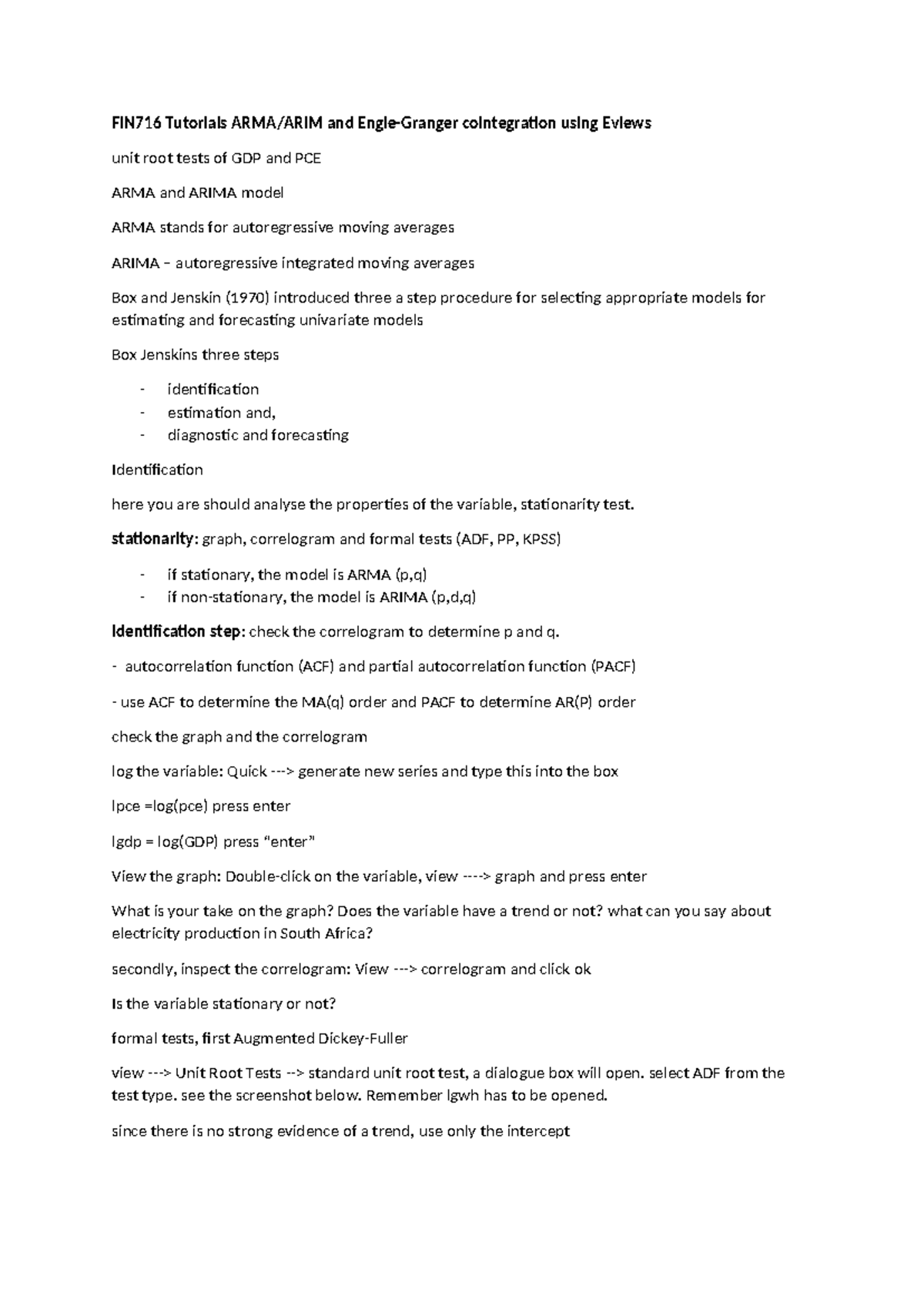 FIN716 Tutorials: Cointegration & Unit Root Tests in Eviews - Studocu