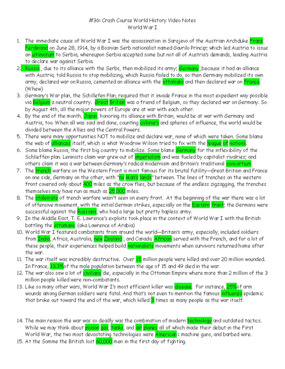 36-World History Crash Course: WWI Video Notes - Studocu