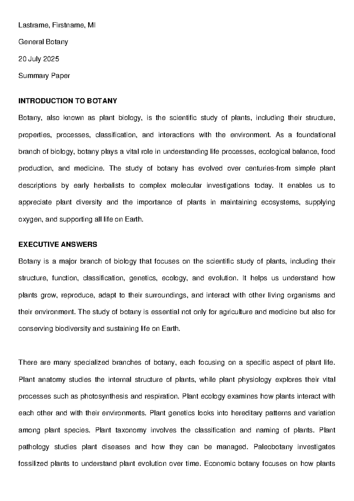 General Botany (BIO 101) Summary Paper - Key Concepts and Insights ...