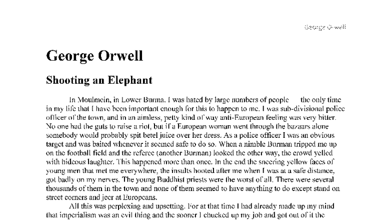 George Orwell's "Shooting an Elephant" - Analysis and Insights - Studocu