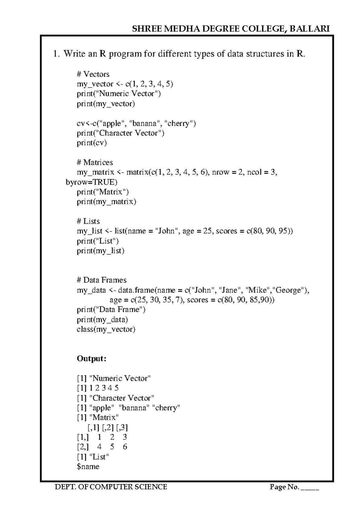 R LAB Programs - Lab Manual for CS Course - Studocu