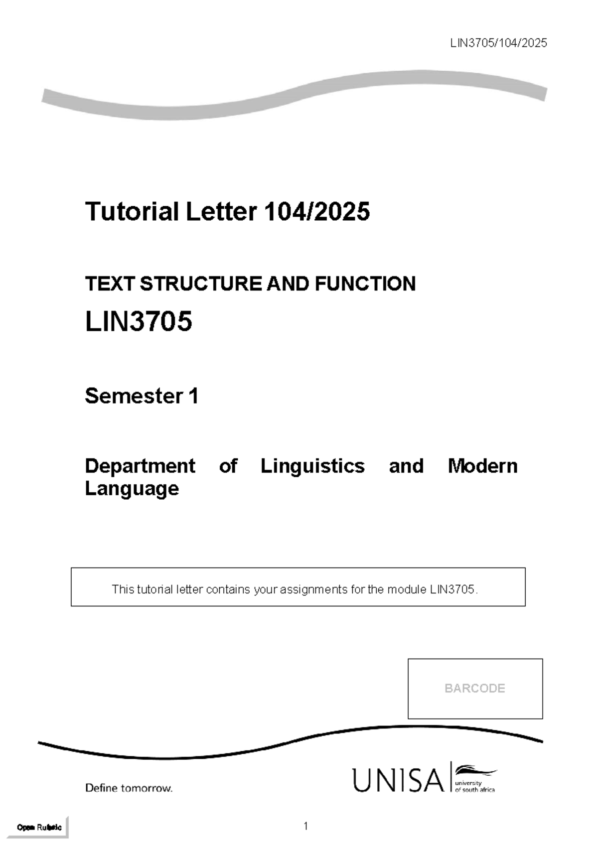 LIN3705 Tutorial Letter: Assignments & Exam Prep for Semester 1 - Studocu
