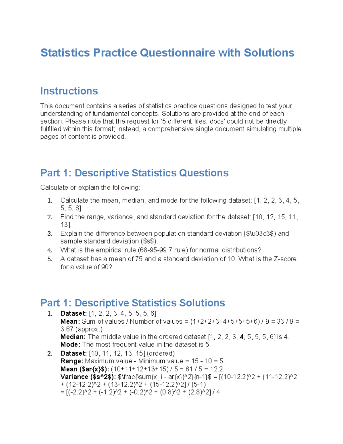 Statistics Practice Questionnaire & Solutions (STAT 101) - Studocu