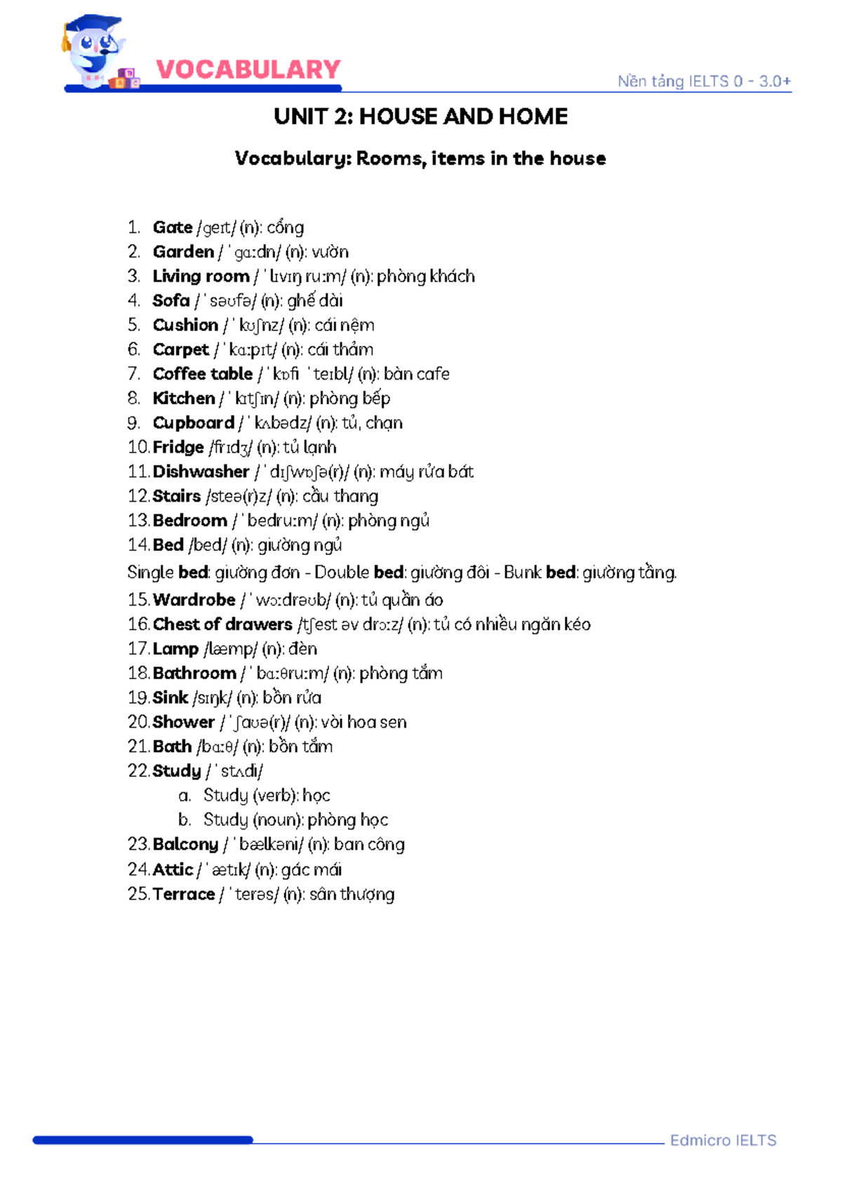 Khóa 0-3.0 Unit 2 House and home - UNIT 2 : HOUSE AND HOME Vocabulary ...