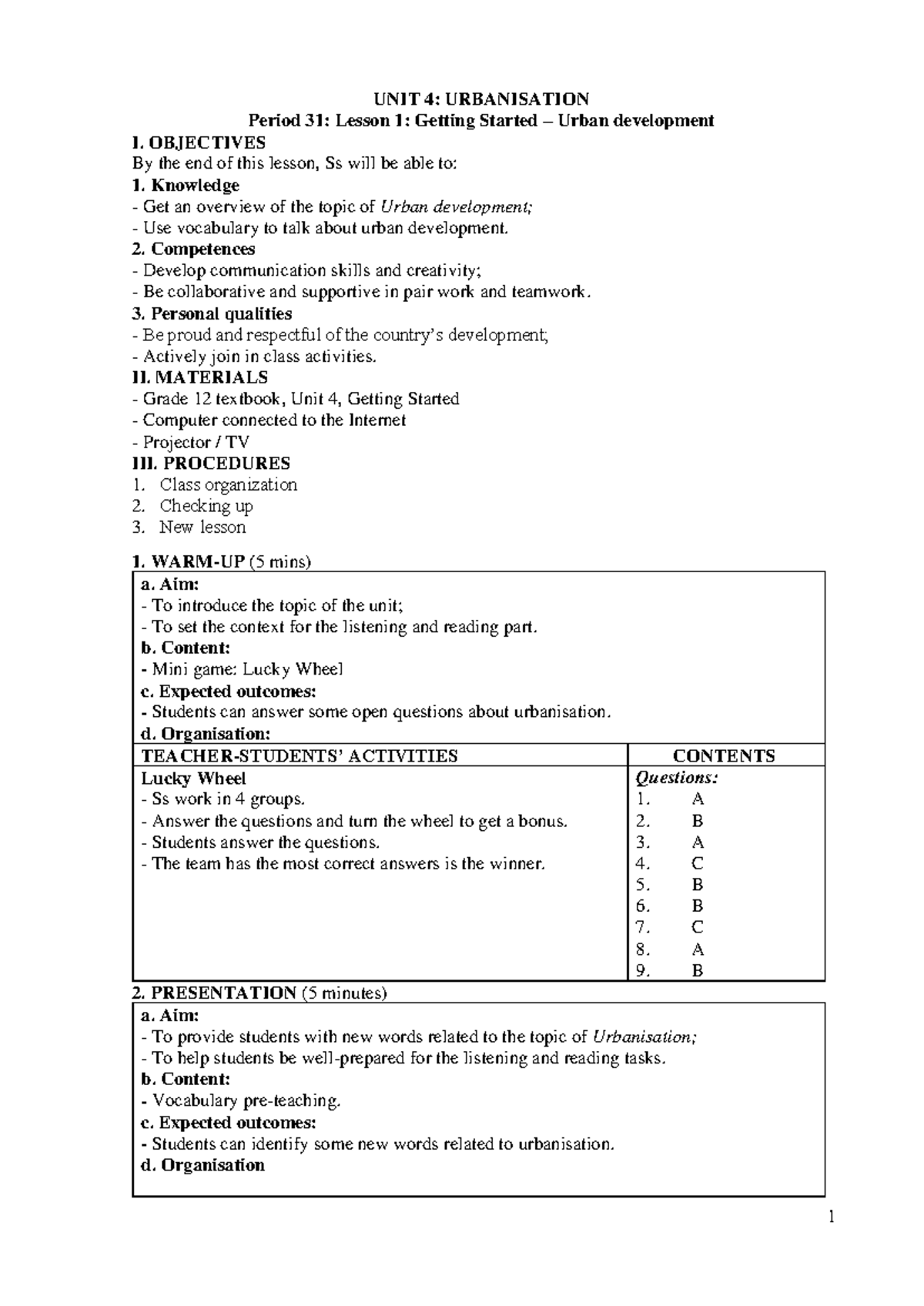 Lesson Plan: English 12 - Unit 4: Urbanisation - Global Success - Studocu