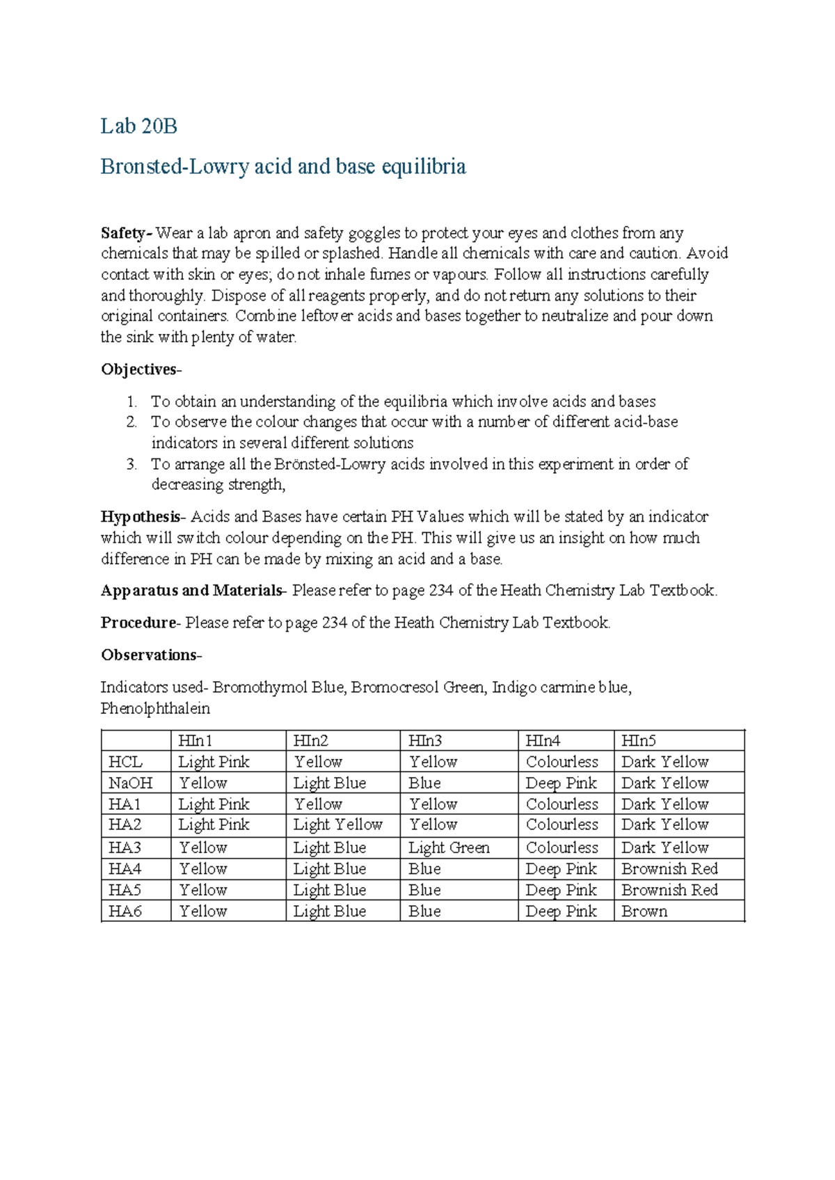 Lab 20B - Bronsted-Lowry Acid-Base Equilibria Experiment - Studocu
