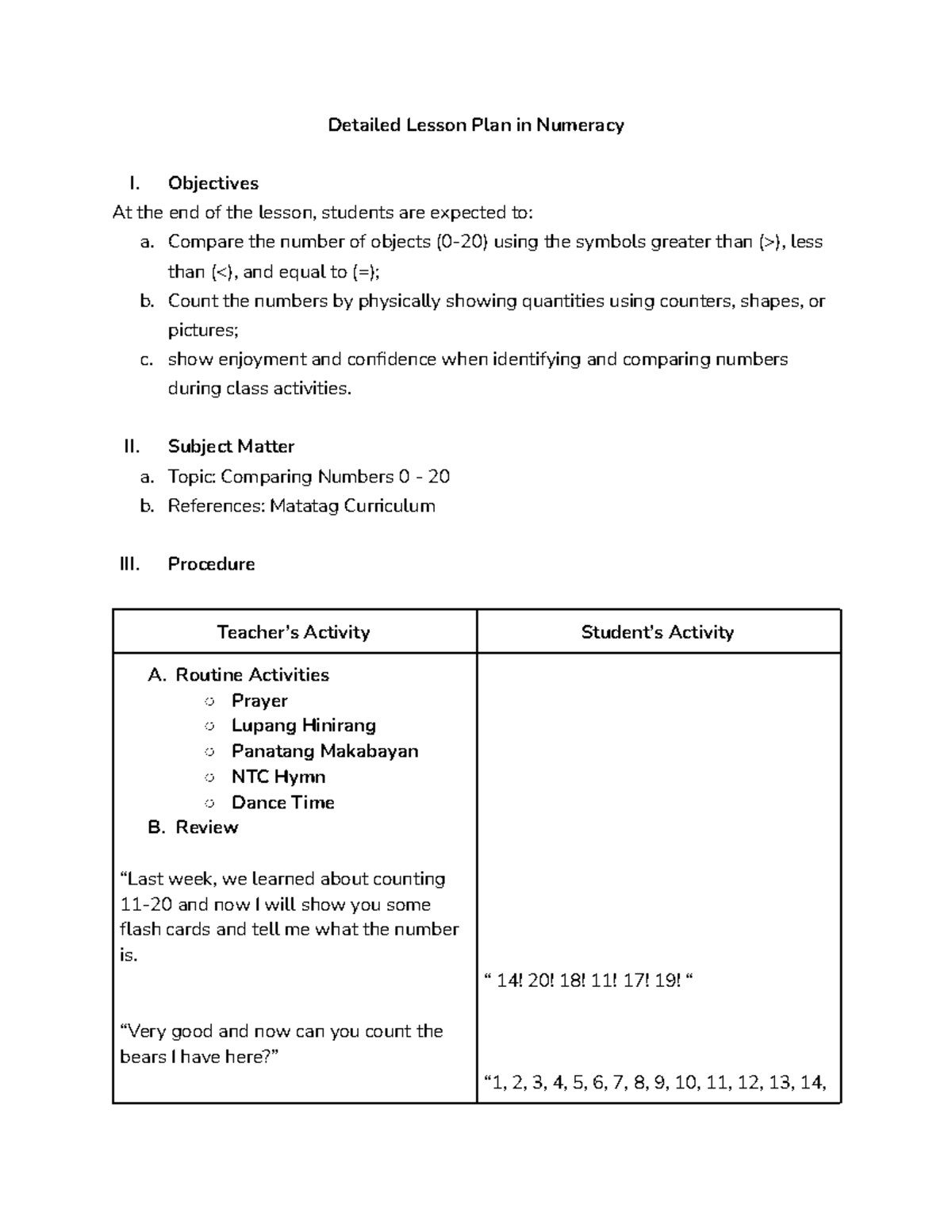 Detailed Lesson Plan: Comparing Numbers (0-20) - Studocu