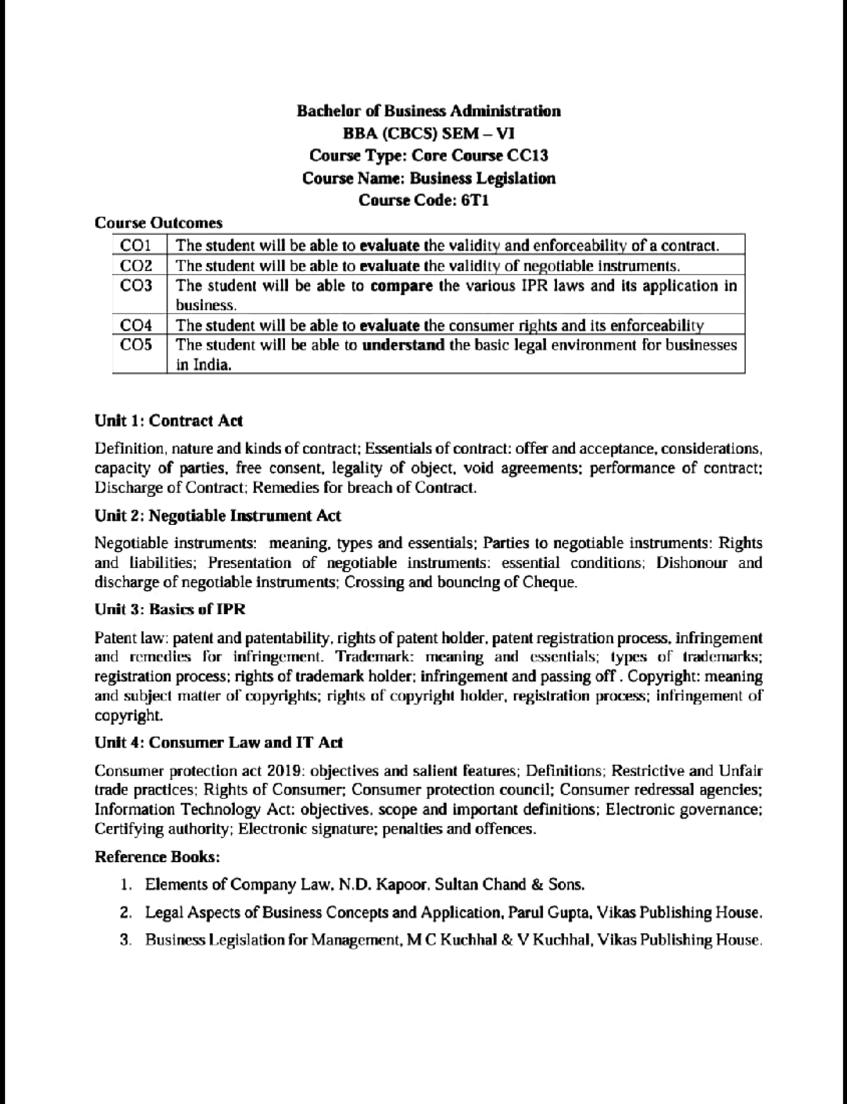 BBA CC13 Business Legislation Syllabus - Sem 6 Core Course - Studocu