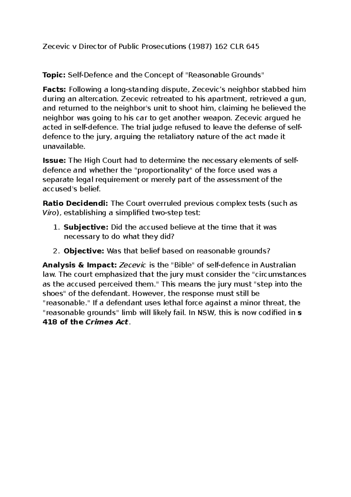 Zecevic v DPP (1987) 162 CLR 645: Self-Defence Analysis - Studocu
