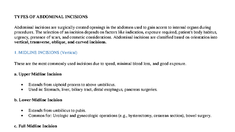 PTMS - Types of Abdominal Incisions and Their Implications - Studocu