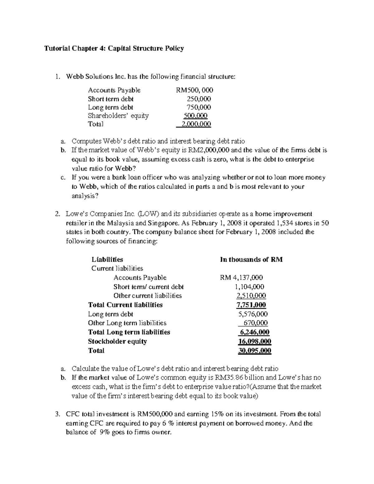 Tutorial: Chapter 4 Capital Structure & Policy Analysis - Studocu