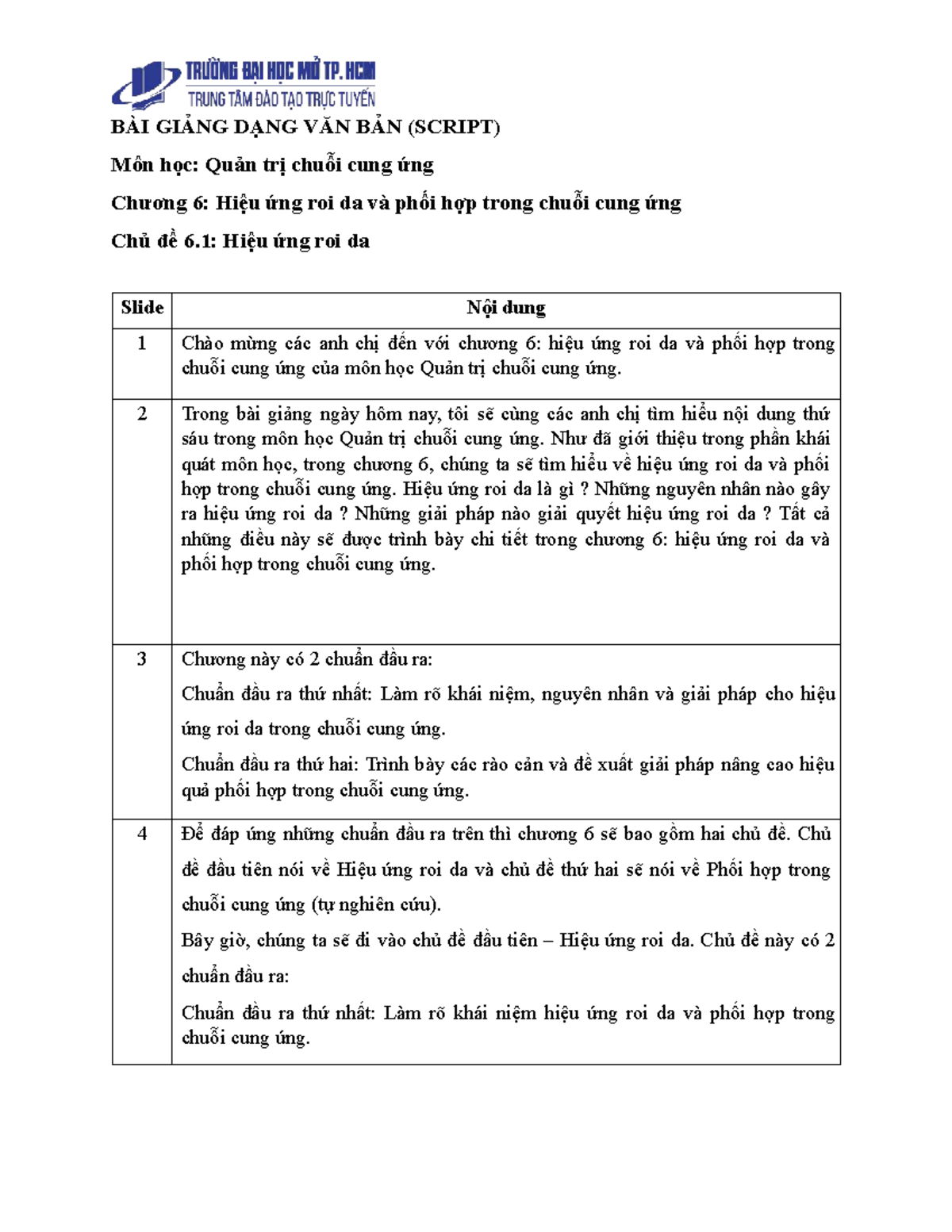 BÀI GIẢNG CHƯƠNG 6: HIỆU ỨNG ROI DA TRONG QUẢN TRỊ CHUỖI CUNG ỨNG - Studocu