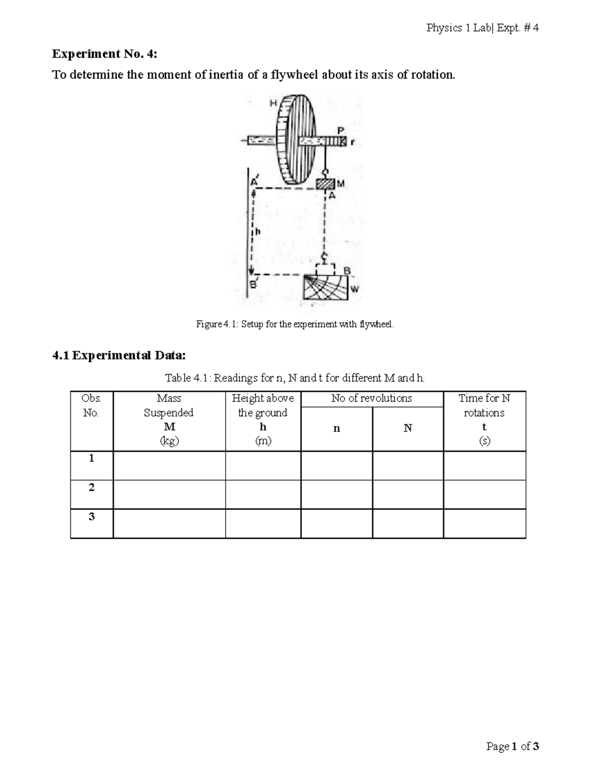 Physics 1 Lab: Expt. #4 - Moment of Inertia of a Flywheel - Studocu