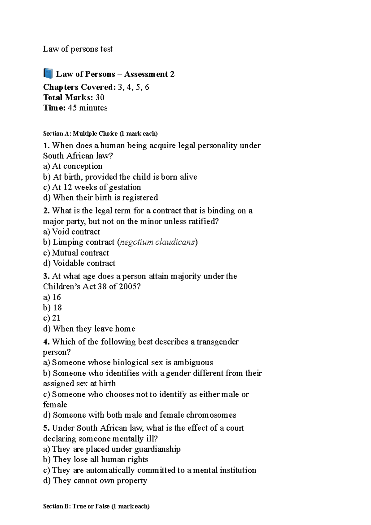 Law of Persons Test - Self-Test Questions for Assessment 2 - Studocu