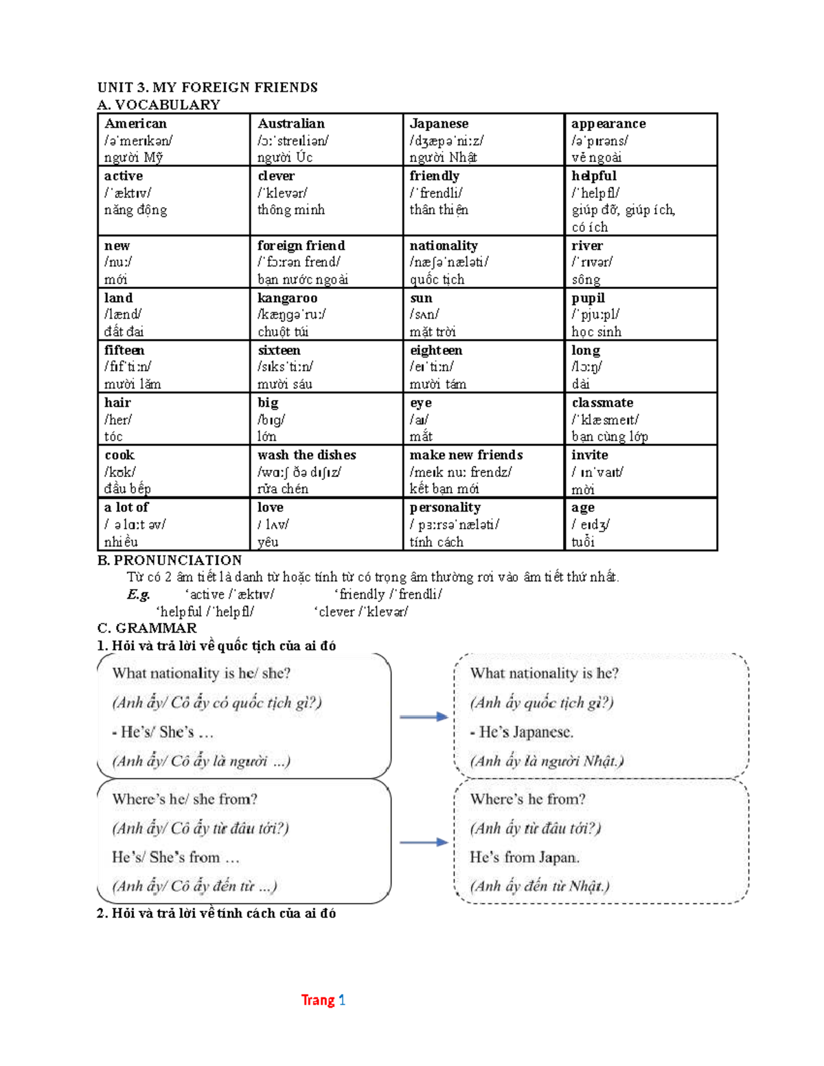 UNIT 3 - My Foreign Friends: Vocabulary, Grammar, and Practice - Studocu