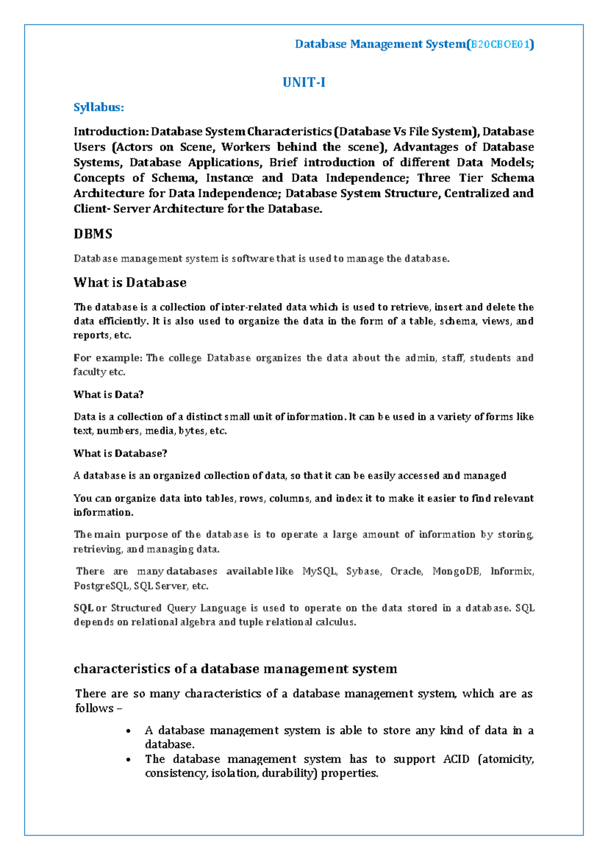 DBMS UNIT-1 Notes (B20CBOE01): Overview of Database Management Systems ...