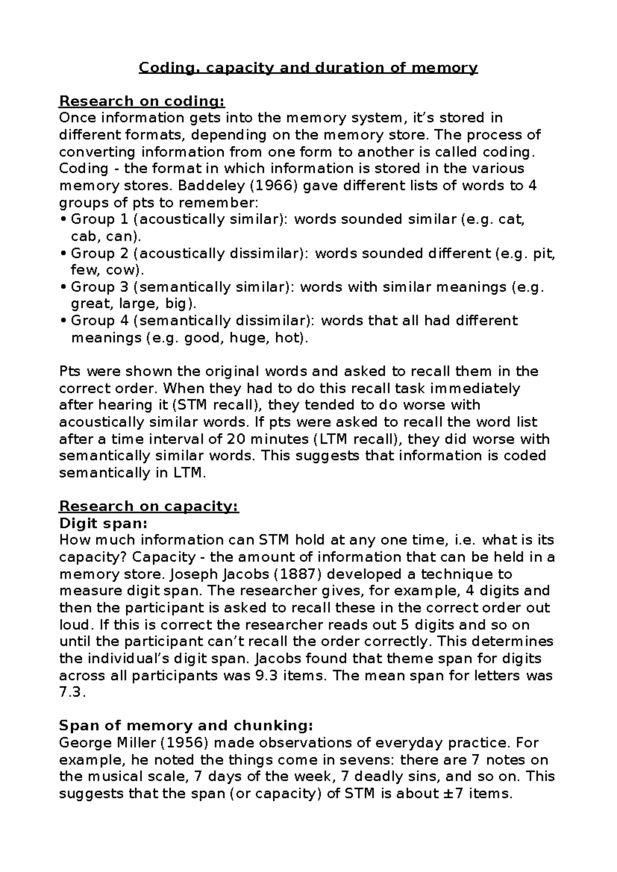 Memory - A Level Psychology AQA 2021: Coding, Capacity, and Duration of ...