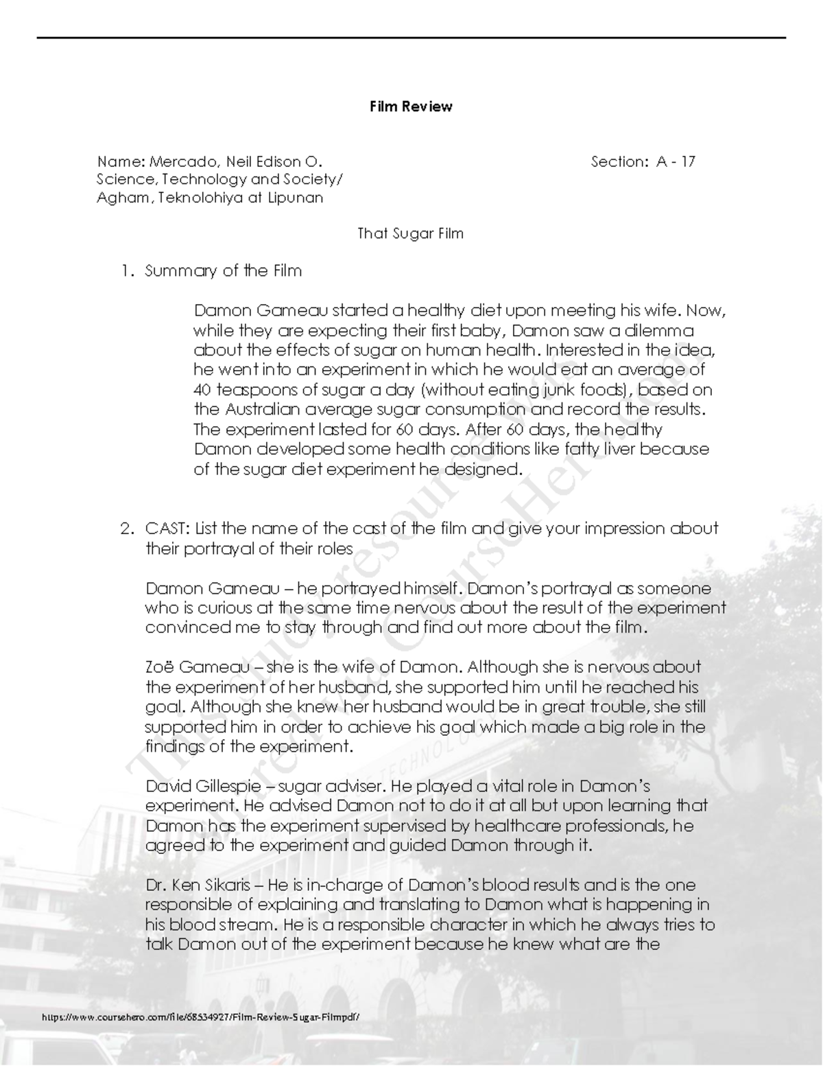 Film Review Sugar Film - Film Review Name: Mercado, Neil Edison O ...