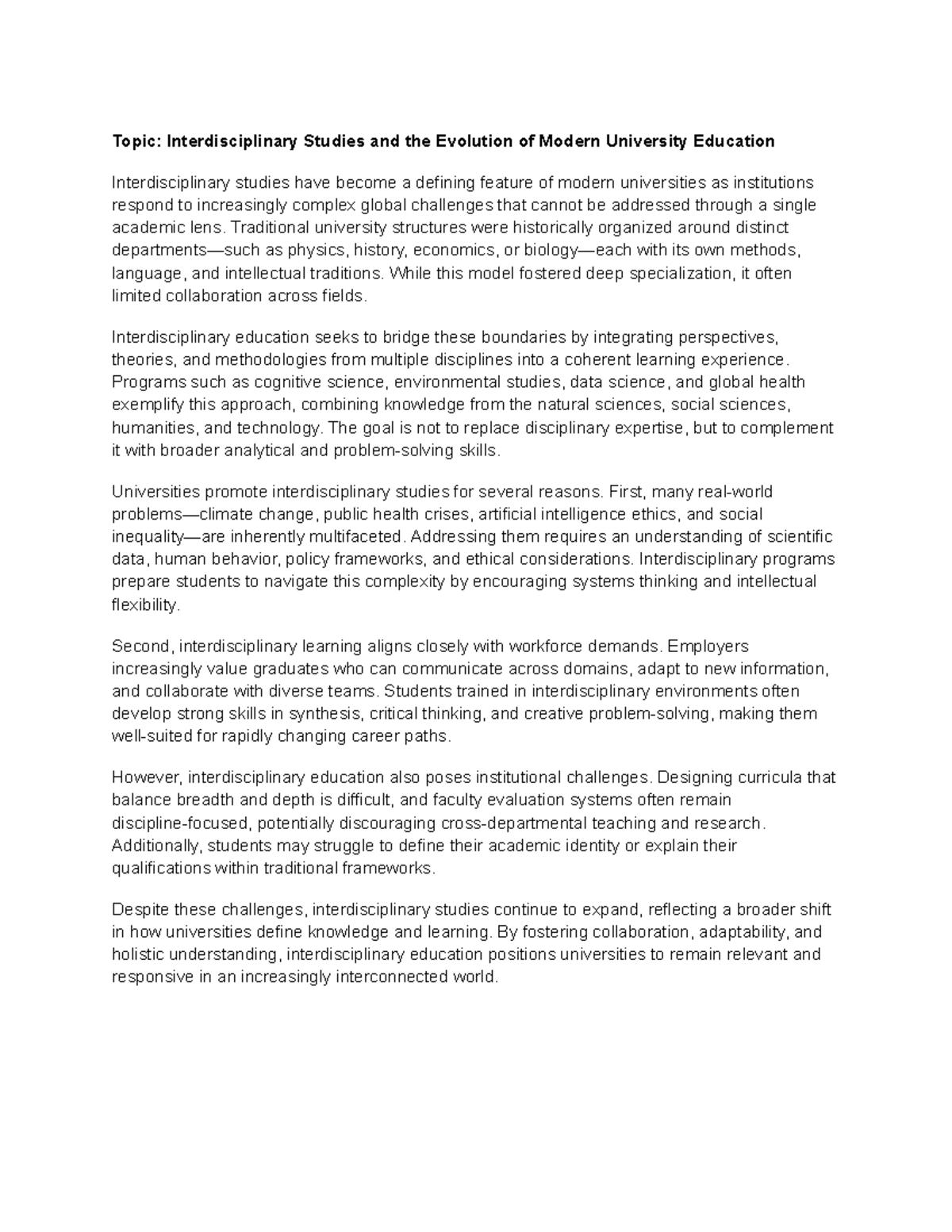 Interdisciplinary Studies: Evolving Modern University Education - Studocu