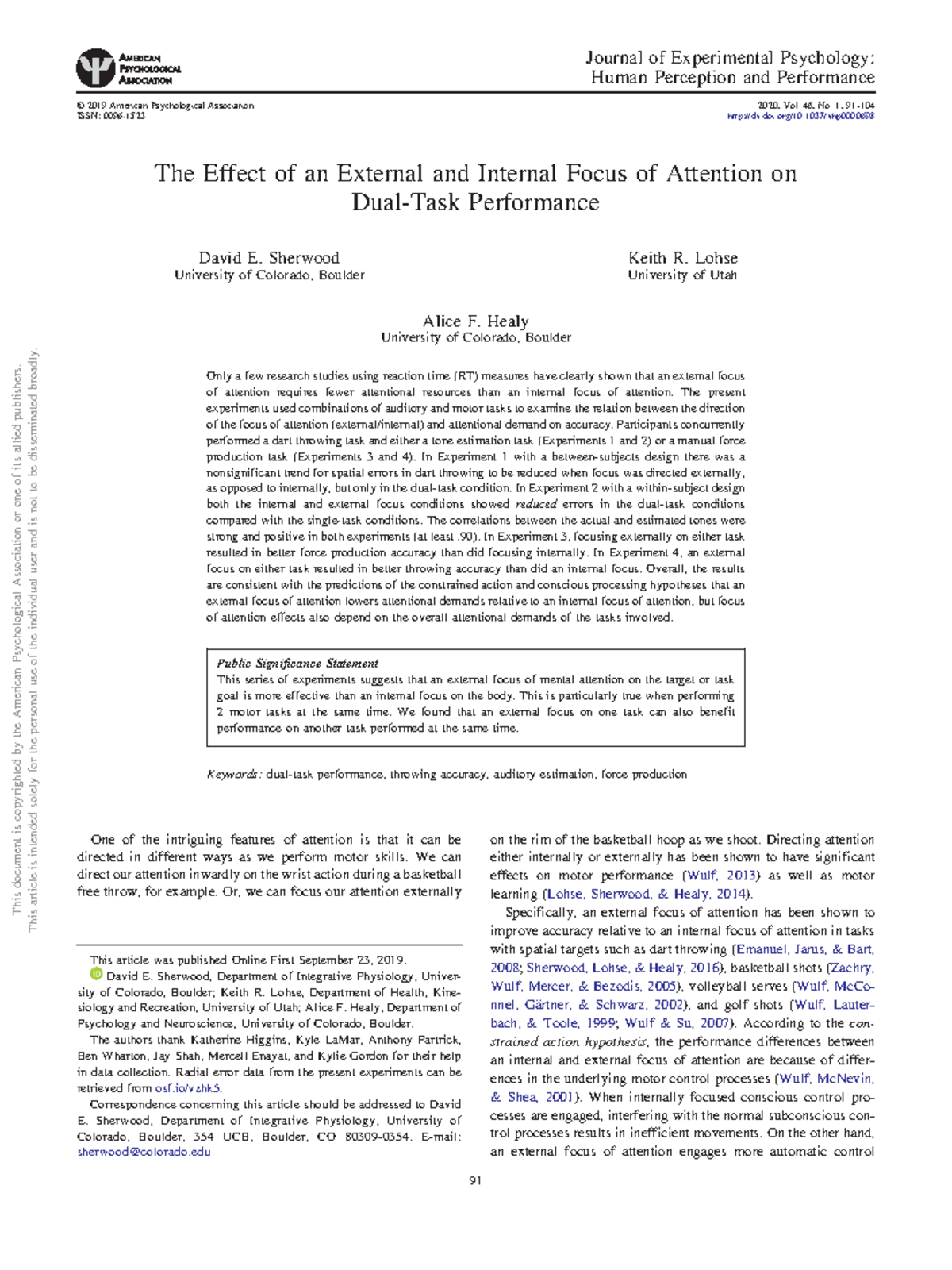 Attention Focus and Dual-Task Performance: Analysis of Experiments 1-4 ...