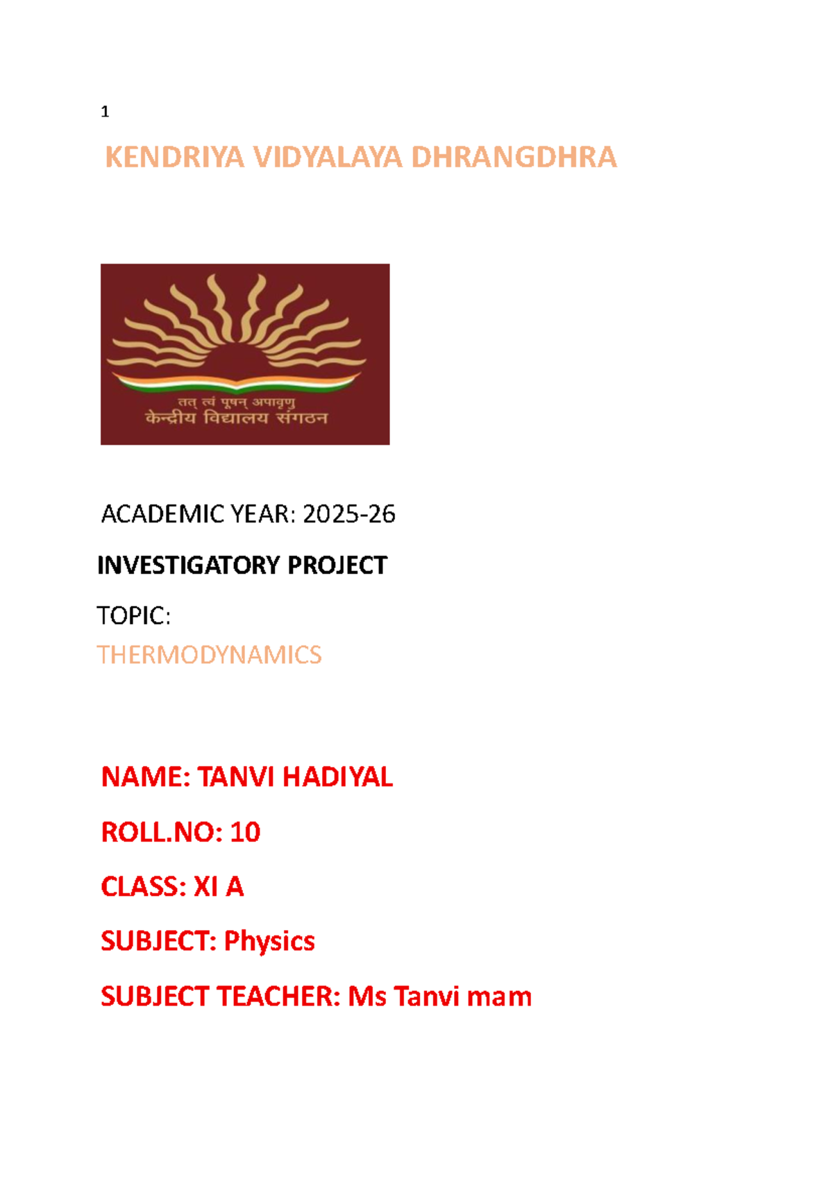 Investigatory Project on Thermodynamics - Class XI A - Studocu