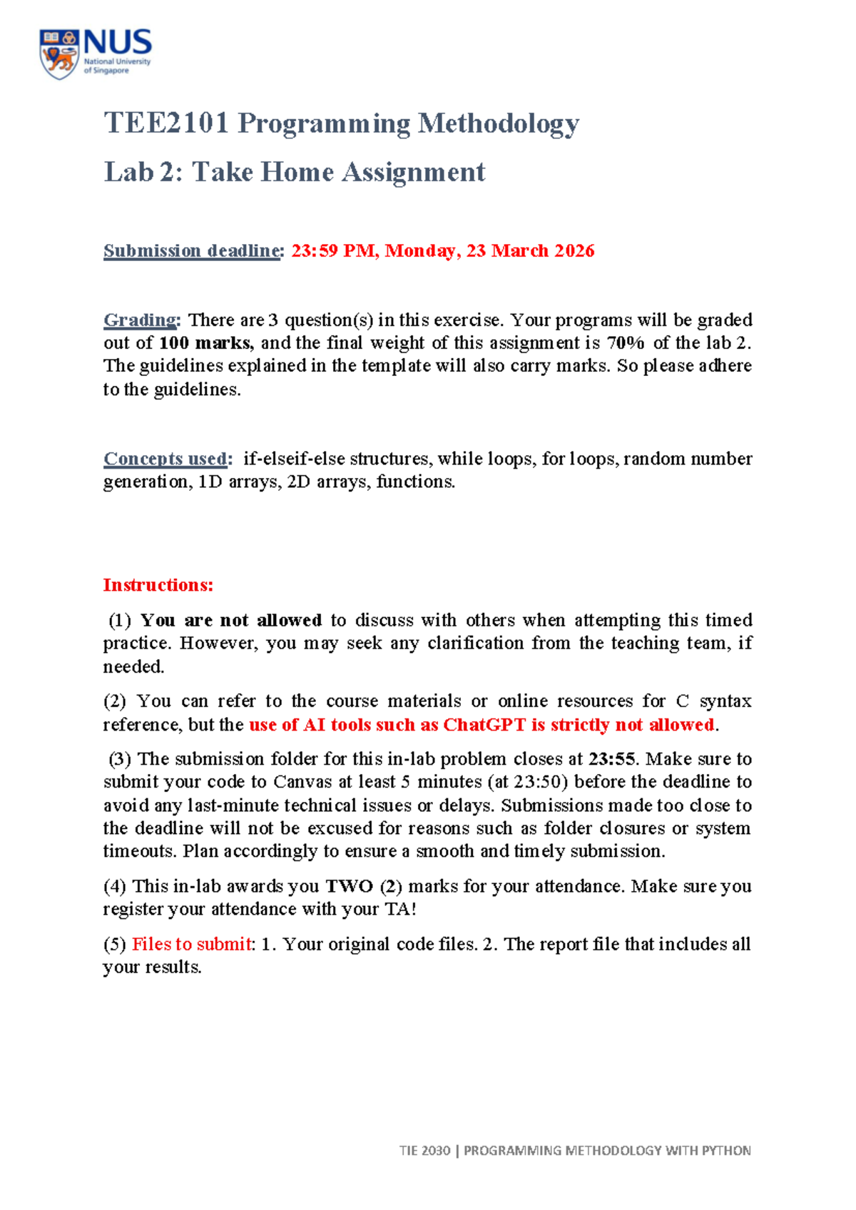 TEE2101 Programming Methodology Lab 2: Take Home Assignment Guide - Studocu