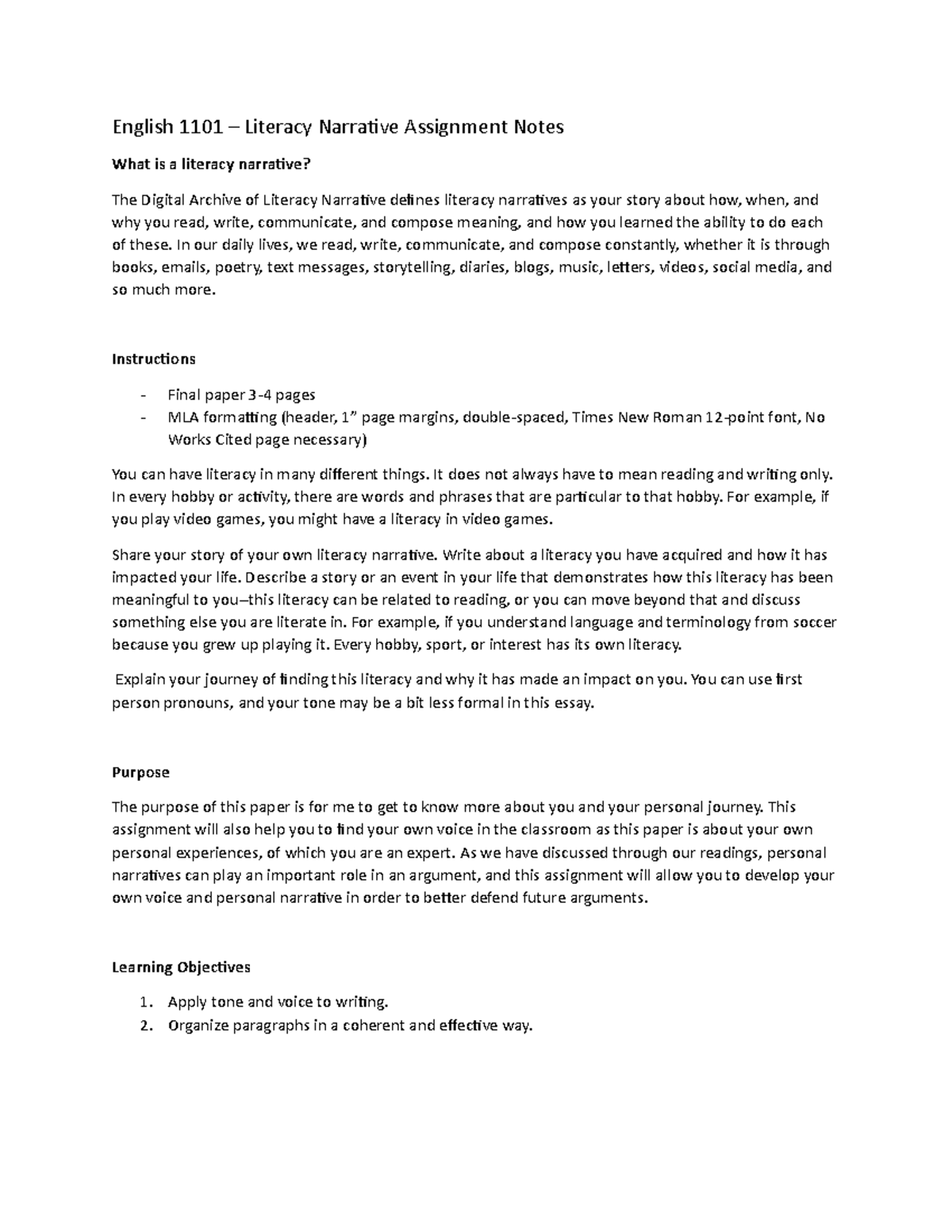 English 1101 - Literacy Narrative Essay Assignment Notes - Studocu