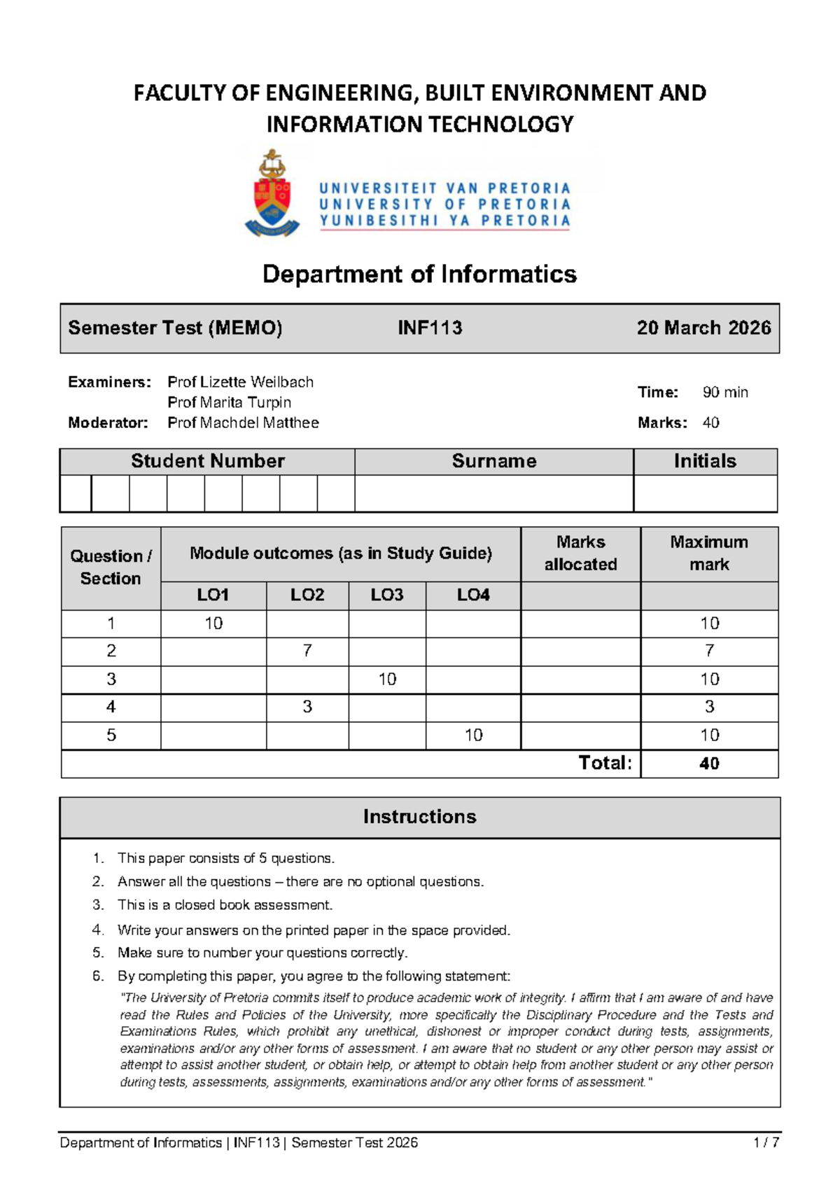 Semester Test INF113 2026 - Final Memo Analysis and Solutions - Studocu