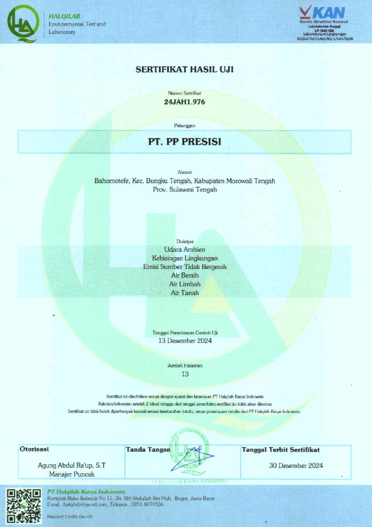 HALQILAB KAN Environmental Test Results - December 2024 - Studocu