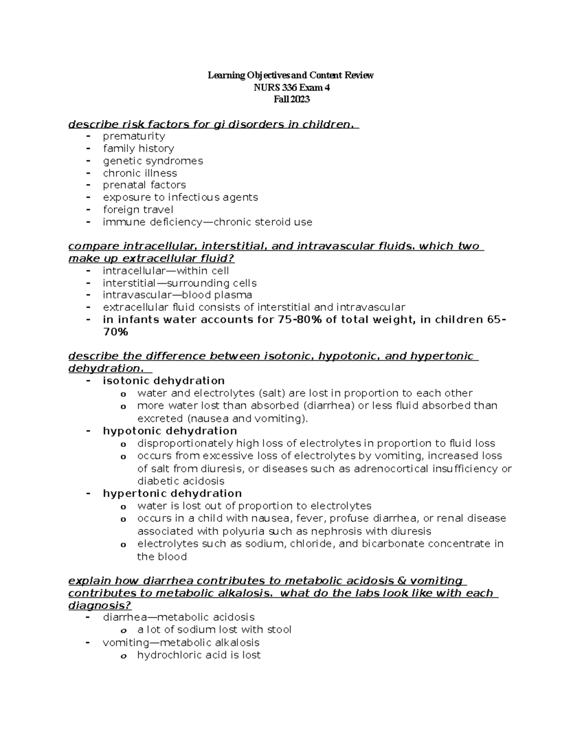 NURS 336 Fall 2023 Exam 4 Learning Objectives and Content Review - Studocu