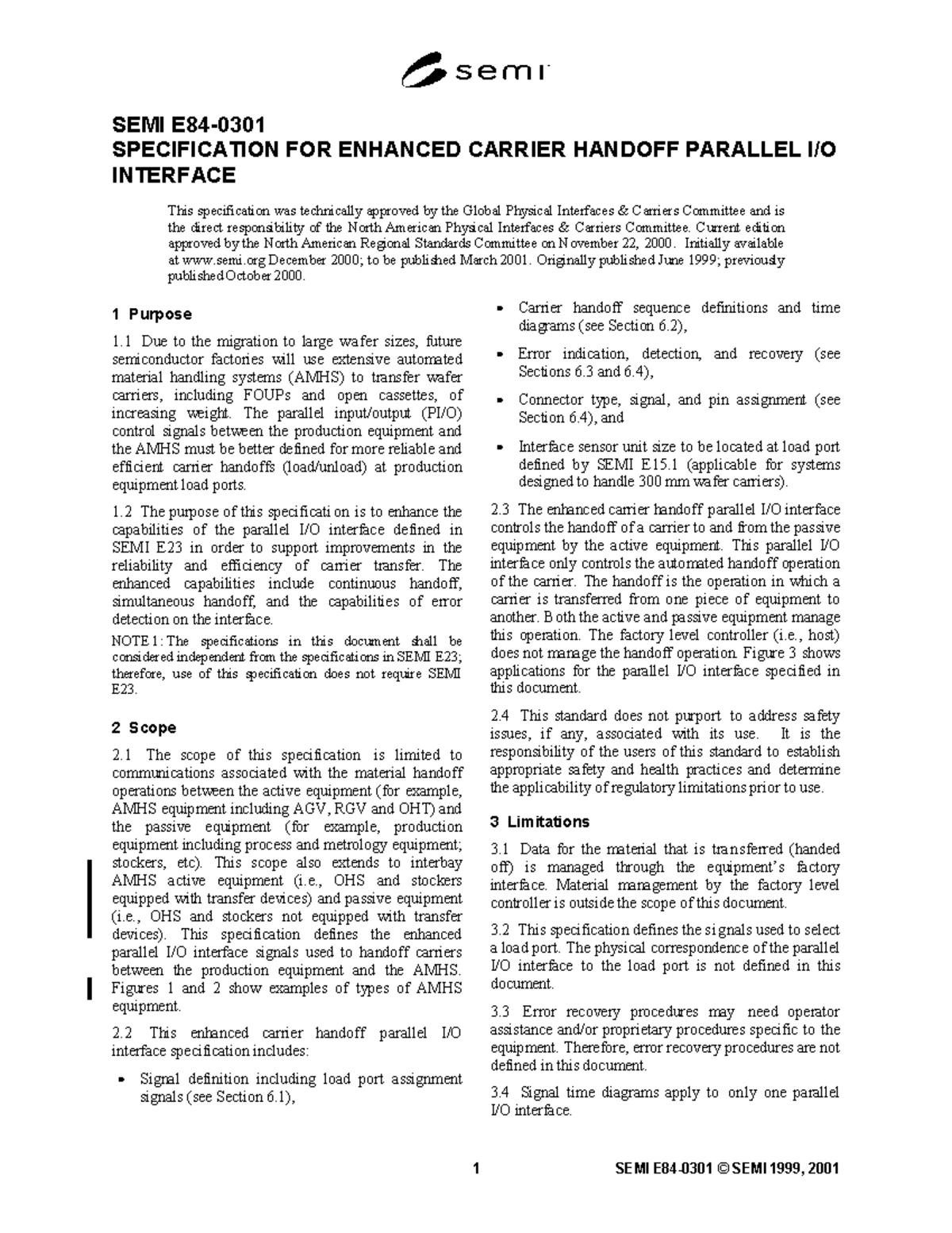 SEMI E84-0301 Enhanced Carrier Handoff Specification Document - Studocu