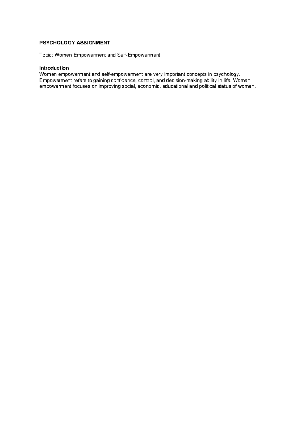 PSY 101: Women Empowerment in Psychology Assignment - Studocu