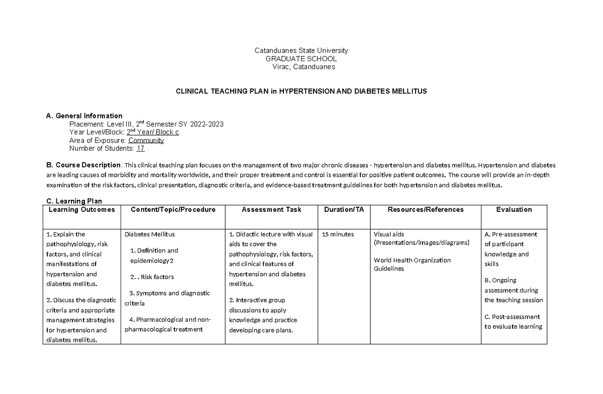 Clinical Teaching Plan: Hypertension & Diabetes Mellitus (Final) - Studocu