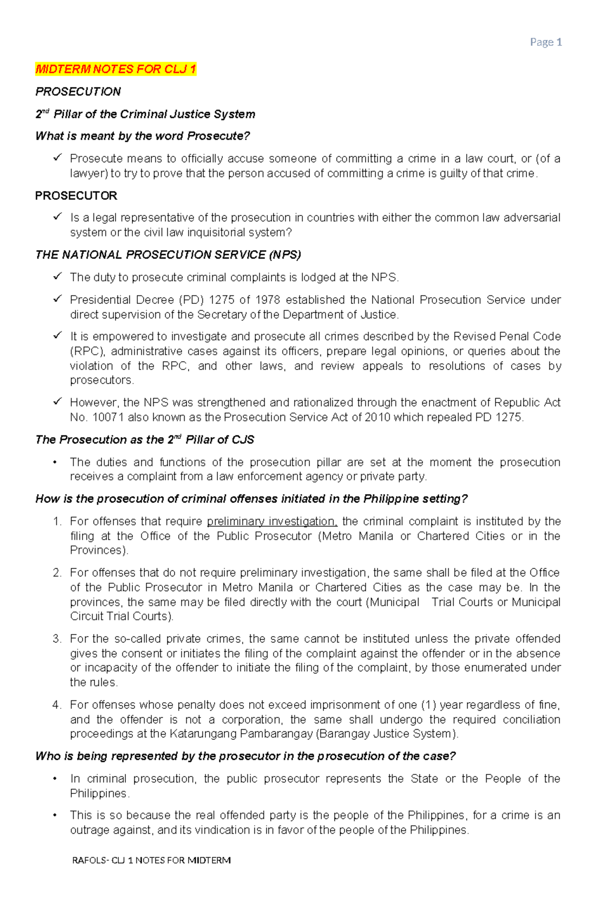 Midterm Notes on Prosecution: CLJ 1 Overview of Criminal Justice System ...