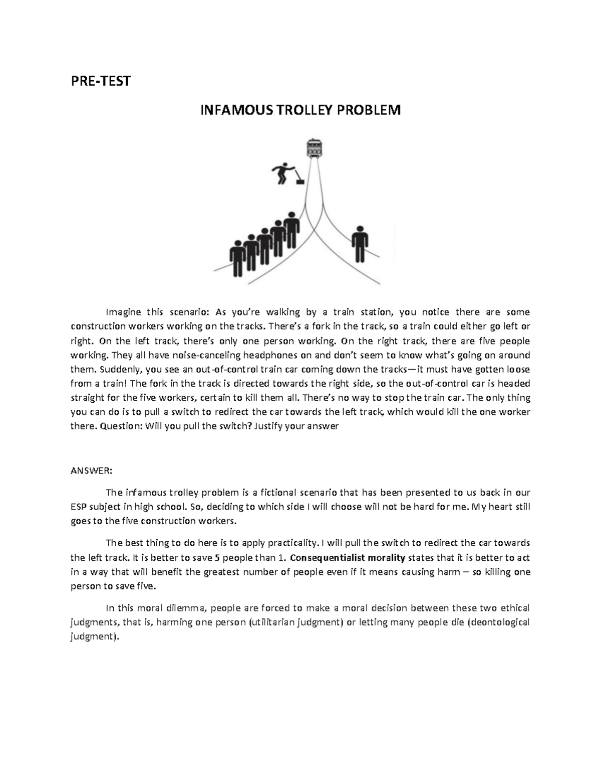 Infamous Trolley Problem pdf - PRE-TEST INFAMOUS TROLLEY PROBLEM ...
