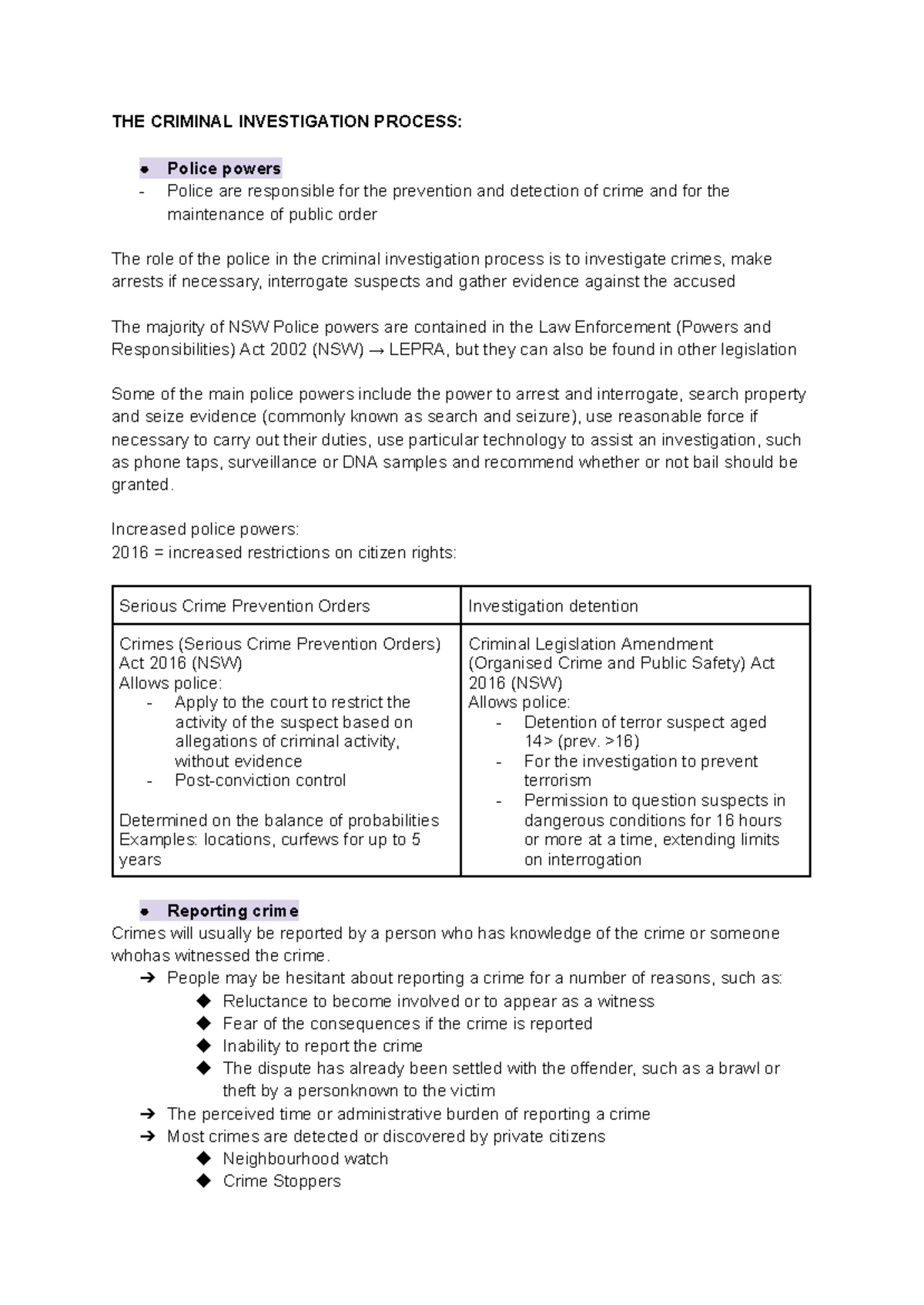 Legal Notes: The Criminal Investigation Process (Year 12) - Studocu