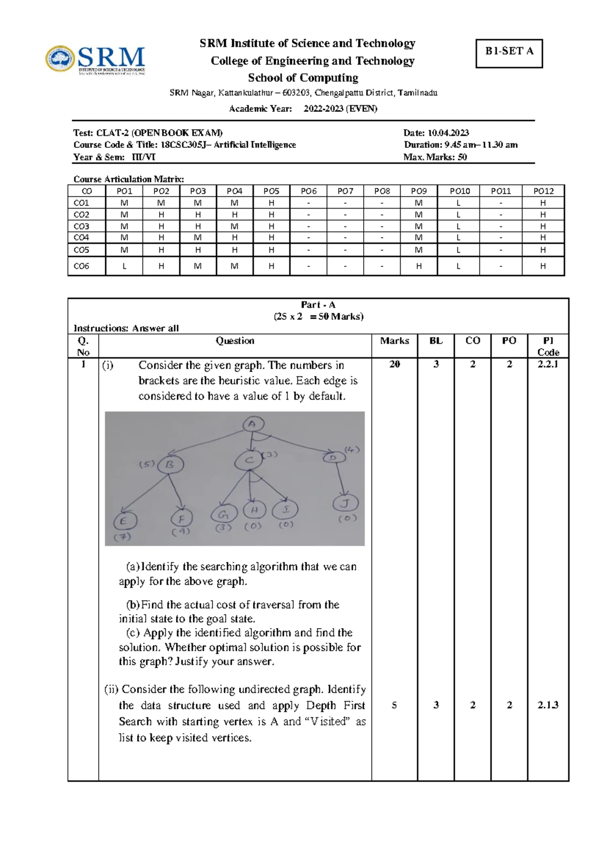 CT-2 B1 Set B - Answer Key for Open Book Exam in AI (10.04.2023) - Studocu