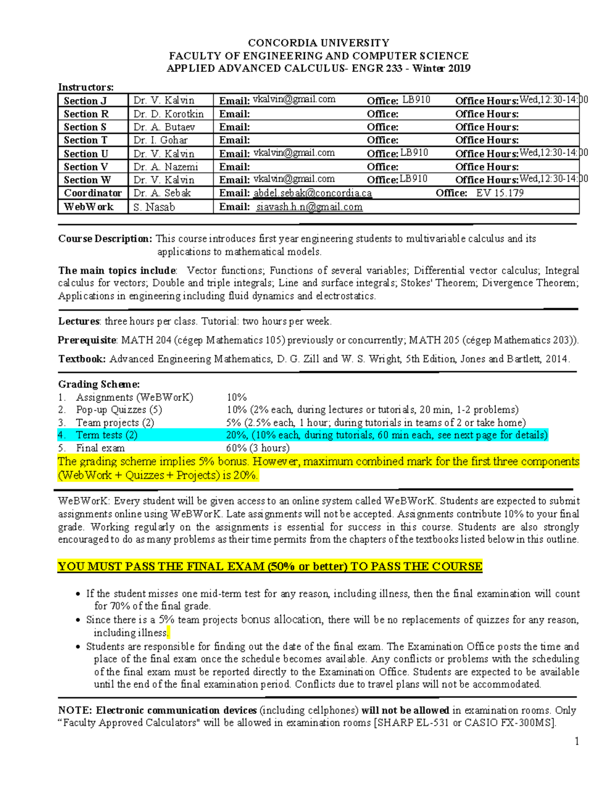 ENGR 233 Applied Advanced Calculus Outline - Winter 2019 - Studocu