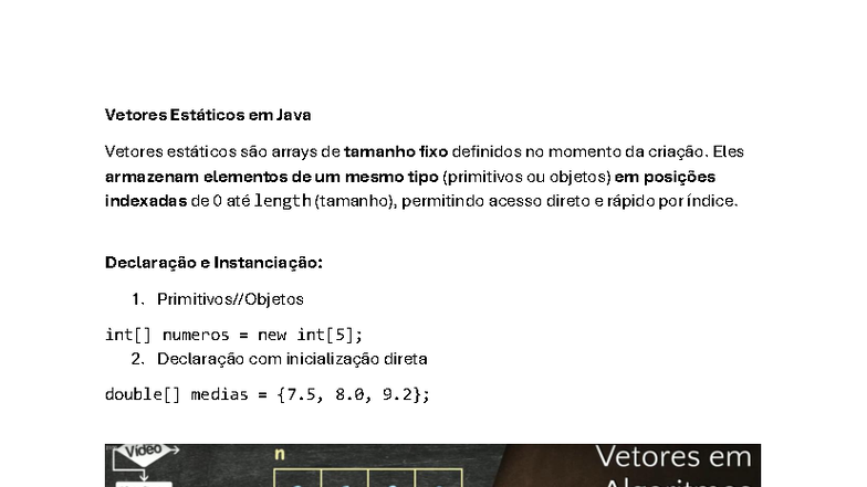 Vetores Estáticos e Dinâmicos em Java - Fundamentos de Java - Studocu