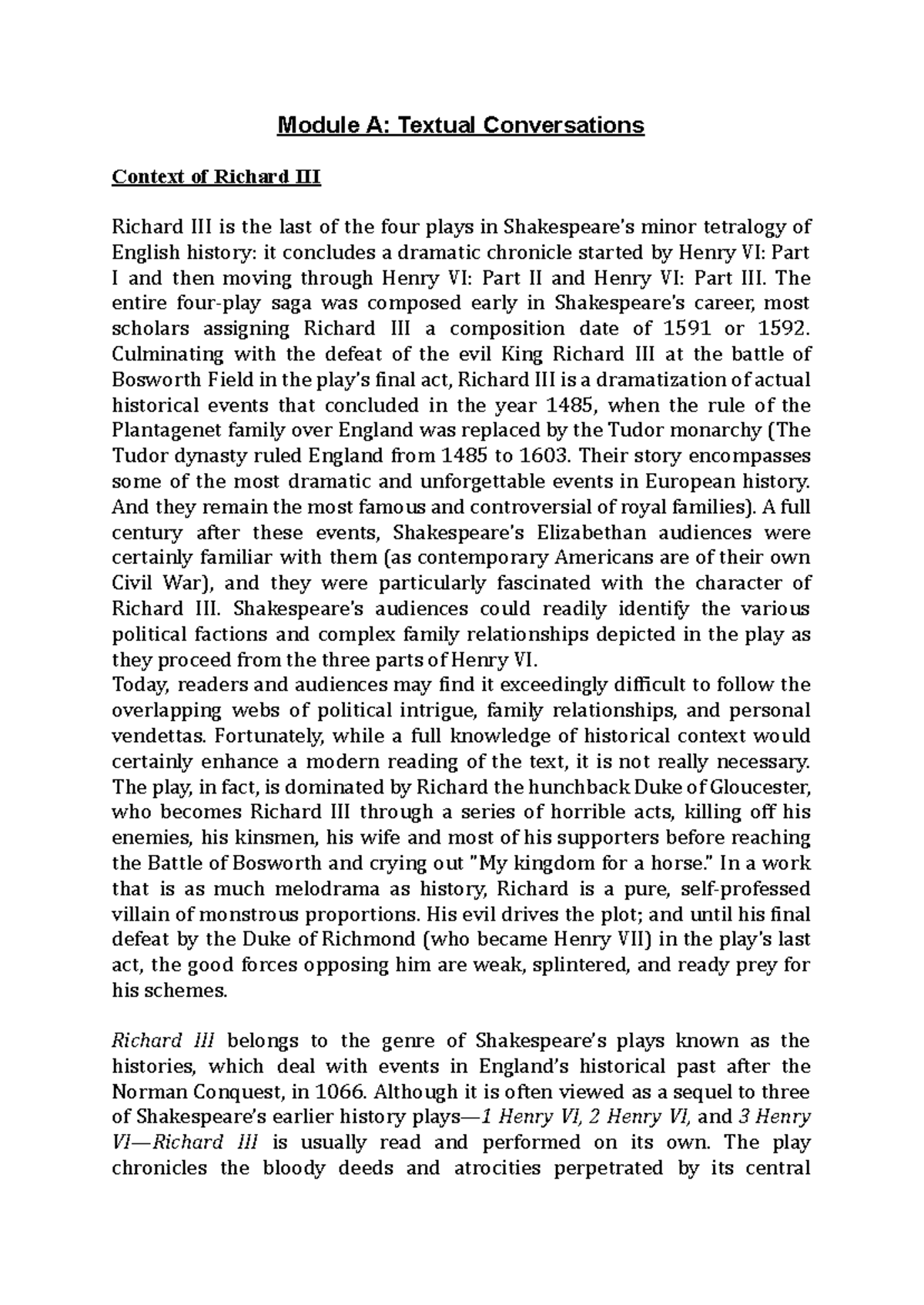 King Richard III Context - Module A: Textual Conversations Context of ...