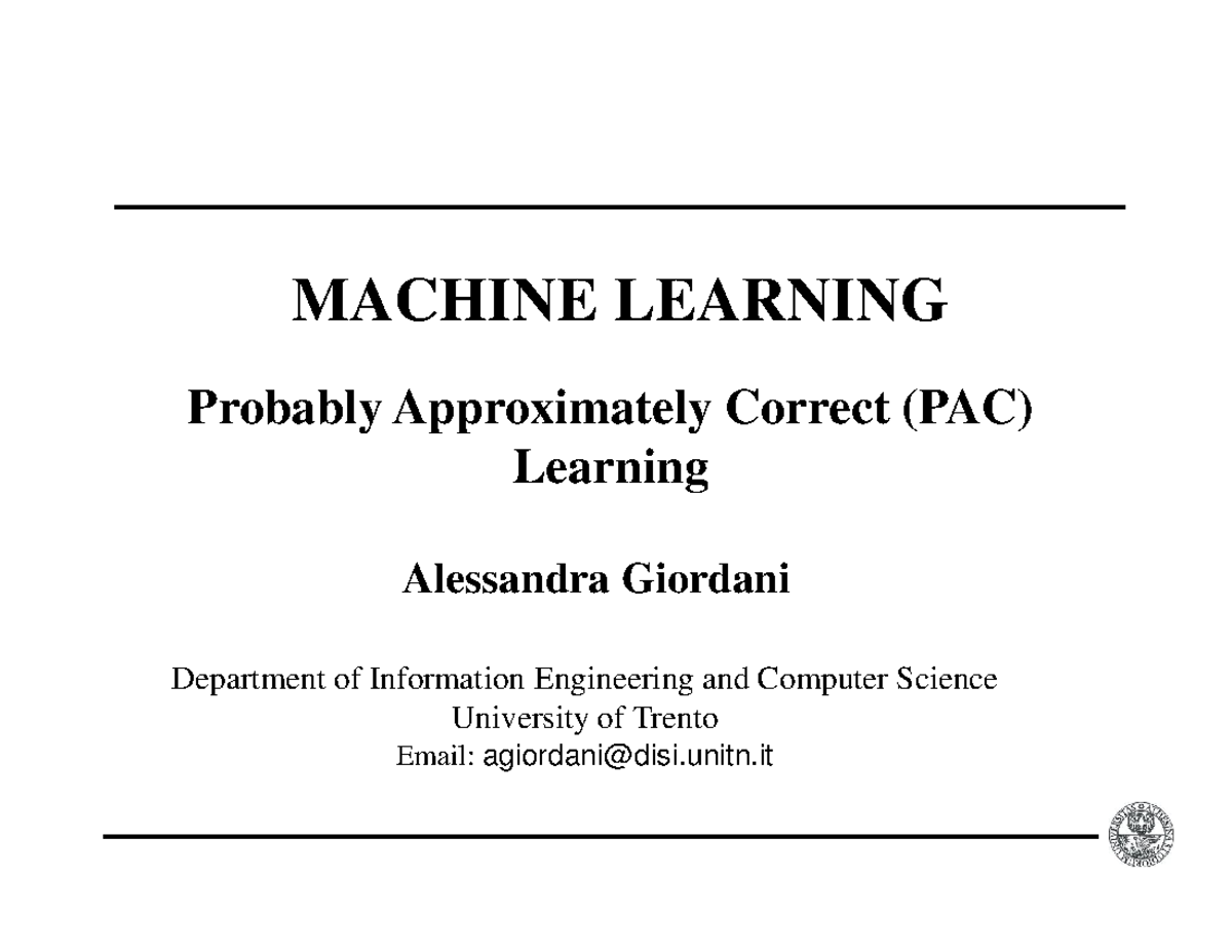 MACHINE LEARNING: PAC Learning Framework and Error Analysis (6-PAC ...