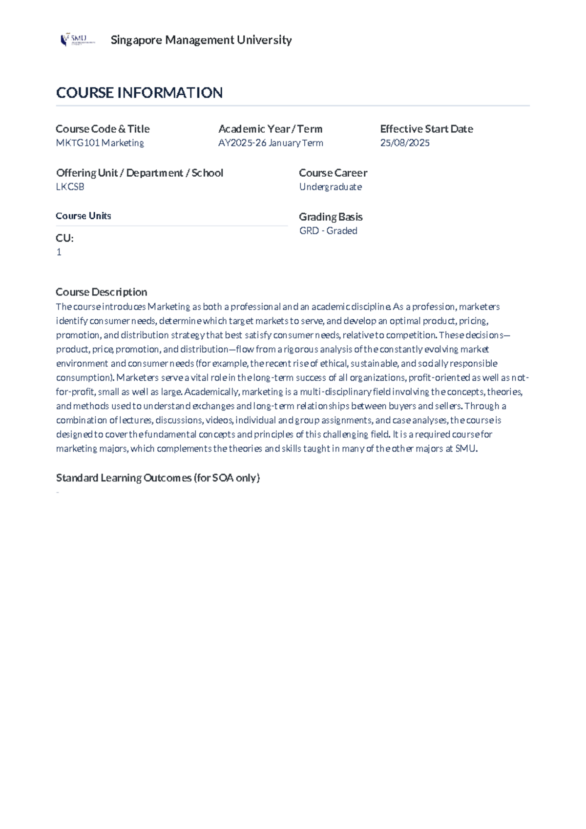 MKTG101 Marketing Course Overview and Learning Outcomes - Studocu