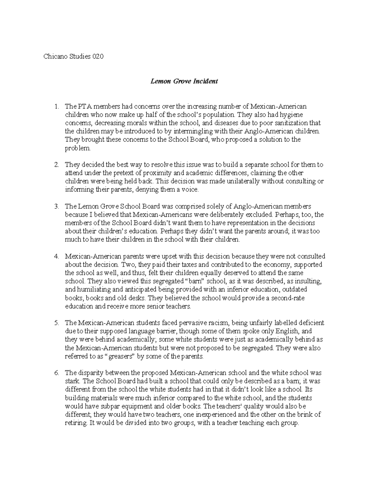 Lemon Grove Incident: Segregation in Chicano Studies 020 - Studocu