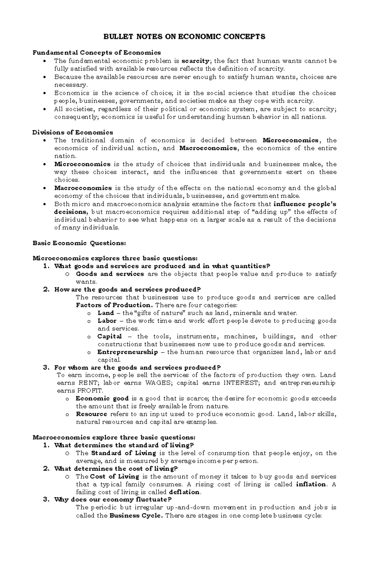 MS Bullet Notes 13 - Economic Concepts - BULLET NOTES ON ECONOMIC ...