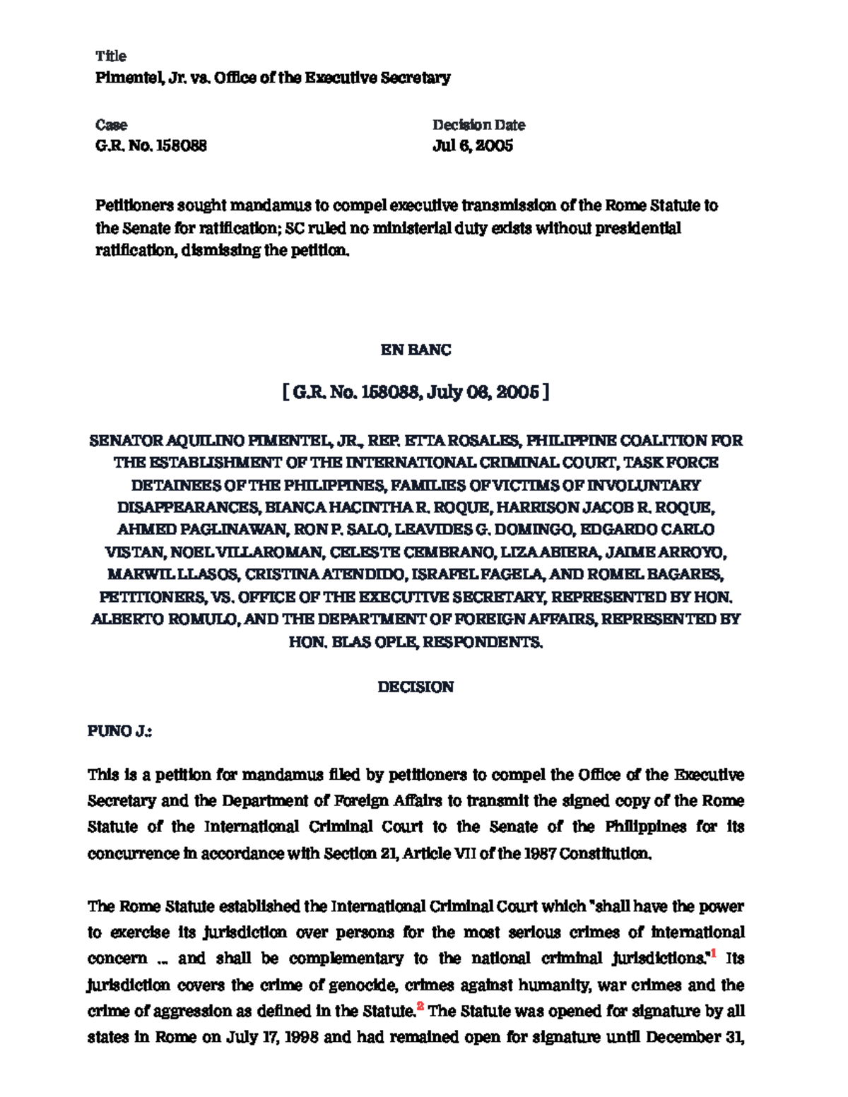 Pimentel, Jr. vs. Office of the Executive Secretary: G.R. No. 158088 ...