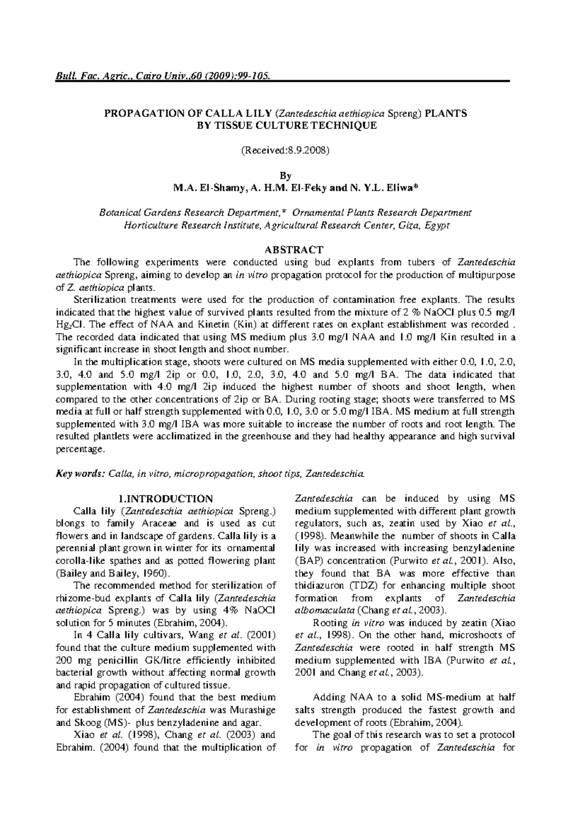 Propagation of Calla Lily (Zantedeschia aethiopica) via Tissue Culture ...