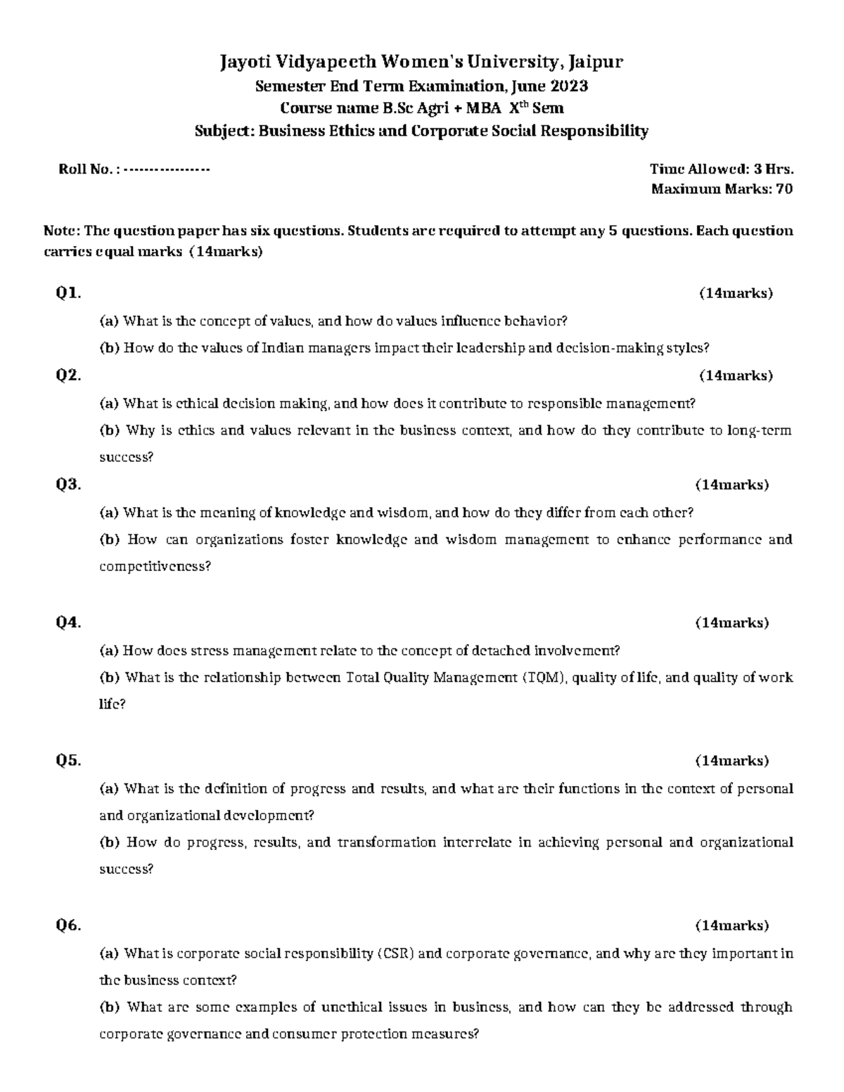 Business Ethics & CSR Exam Paper (B.Sc Agri & MBA X Sem) - Studocu