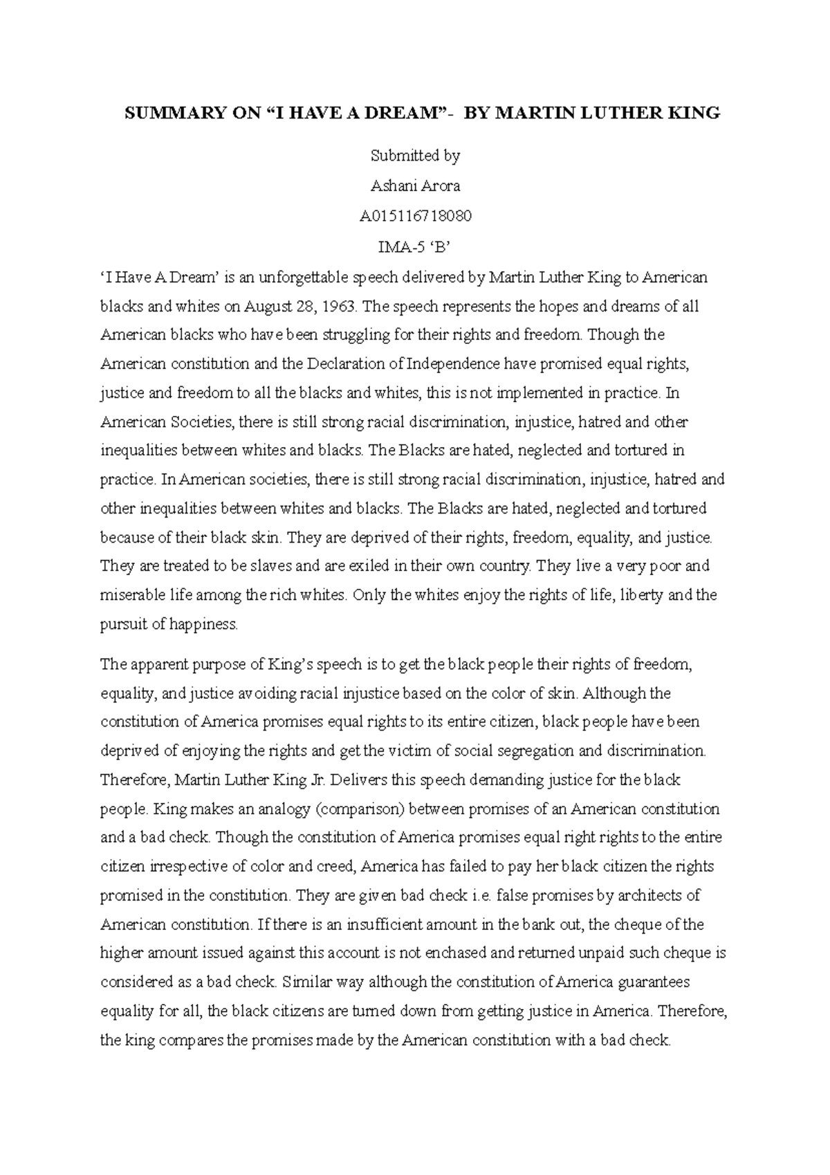 I have a dream - Lecture notes 7 - SUMMARY ON “I HAVE A DREAM”- BY ...